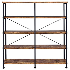 Coaster Analiese Rustic Industrial 60" 4-Shelf Wood Double Bookcase With Black Metal Frame, Brown Nutmeg