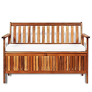 Festnight Wooden Outdoor Storage Bench Acacia Wood Garden Patio Deck Storage Container with Cushion Seat Armrest and Backrest Cabinet Chair Pool Yard Furniture 47.2" x 24.8" x 33.1" (W x D x H)