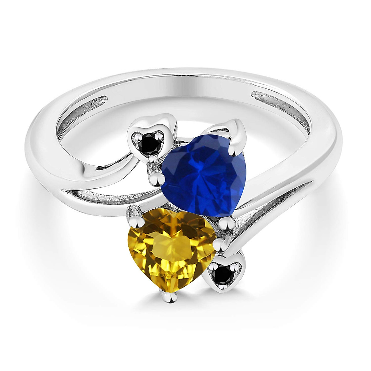 Gem Stone King 1.53 Ct Heart Shape Citrine Blue Created Sapphire 10K White Gold Diamond Accent Ring (Size 9)