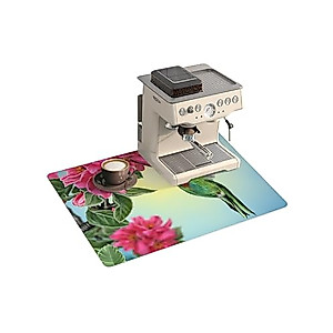 Spring Flowers and Hummingbird Coffee Mat Coffee Maker Mat,Super Absorbent Coffee Bar Accessories,Watercolor Pink Blossom Floral Non-slip Coffee Station Mat Dish Drying Pad,18x28in