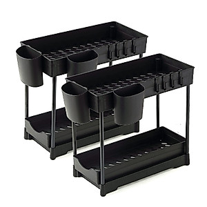 2 Pack Under Sink Organizers and Storage with Sliding Drawer, Multi-Purpose 2 Tier Under Sink Storage Rack Basket for Bathroom Kitchen Cabinet Counter with 4 Hanging Cups and 8 Hooks (Pull Out, Black)