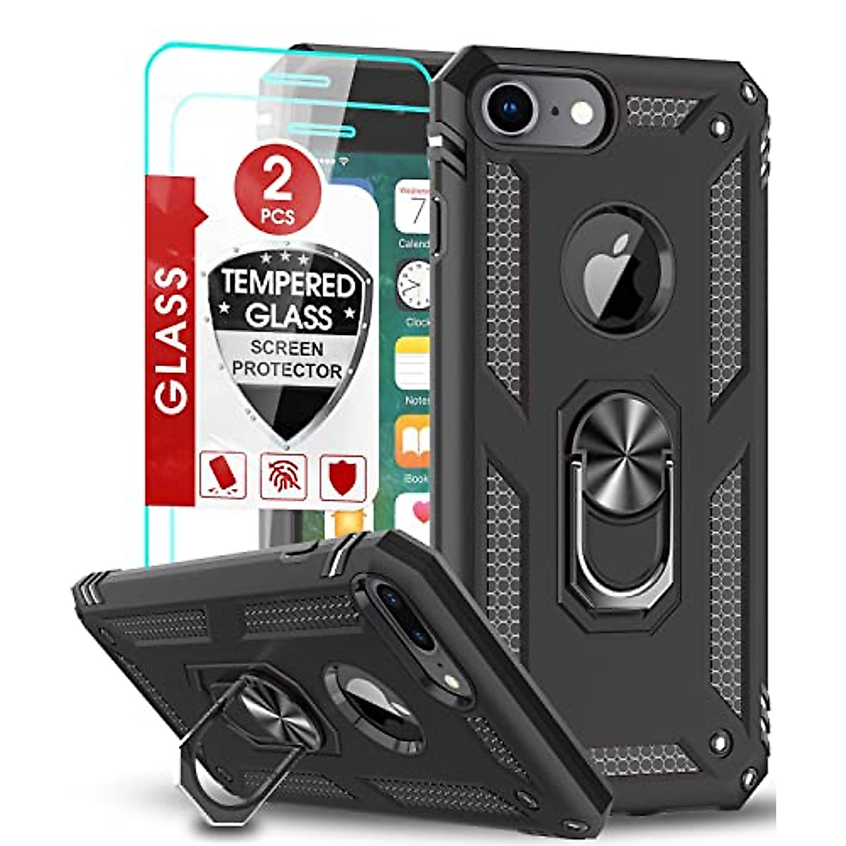 LeYi Compatible for iPhone 8 Case, iPhone 7 Case, iPhone 6s/ 6 Case with Tempered Glass Screen Protector [2 Pack], Military-Grade Protective Phone Case with Kickstand Ring for iPhone 6/6s/7/8, Black