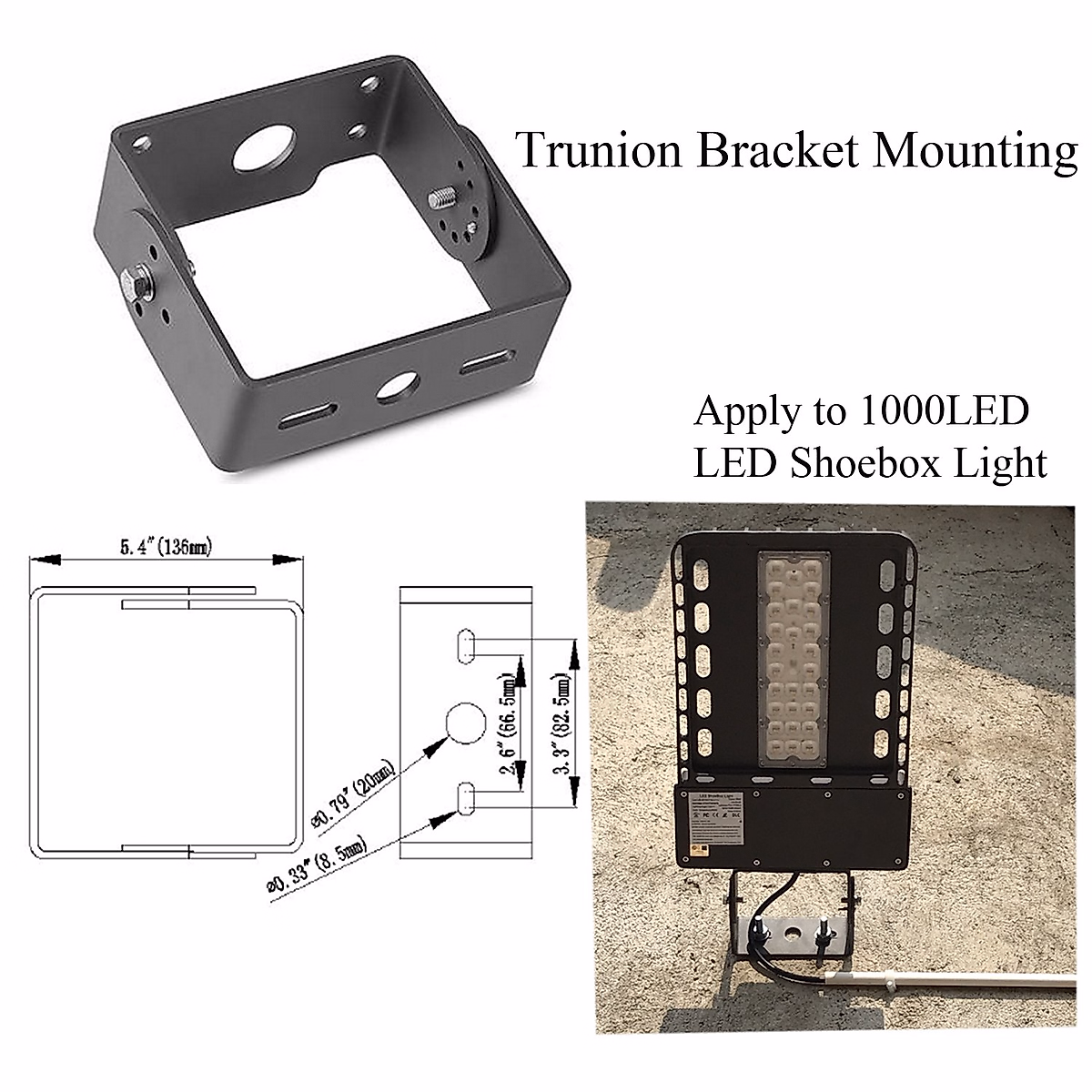 1000LED Trunnion Mounting Bracket, Yoke Mount Bracket for LED Shoebox Parking Lot Light, LED Flood Light