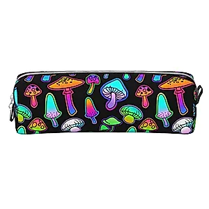 Colorful Mushroom Leather Pencil Case Bag for Girls Boys Lightweight Durable Pen Pouch with Brass Zipper, Organizer Box Change Coins Bag