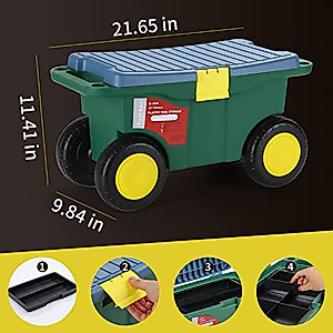 Multi-Use Garden Scooter with Seat, Rolling Storage Bin with Bench Seat and Interior Tool Tray，Gardening Stool for Weeding and Planting