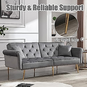 civama Futon Sofa Bed, Velvet 76" Twin Size Couch with 2 Pillows, Convertible 3-Seater 3 Adjustable Angle Tufted Sleeper with Nailhead Trim, Golden Metal Legs Folding Futon for Living Space, Gray