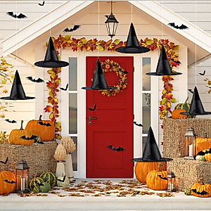 XIMISHOP 12pack Black Halloween Witch Hats with 3D Bats Wall Decor Halloween Costume Witch Accessories Caps Fancy for Halloween Party Decoration