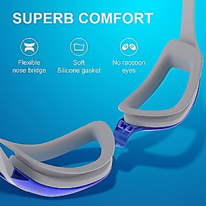 RABIGALA Swimming Goggles Adult, Swim Goggles Anti-Fog Waterproof Anti-UV Clear Vision Swim Goggles with Earplugs & 3 Nose Pieces suitable for Women Men(Gray-Blue)