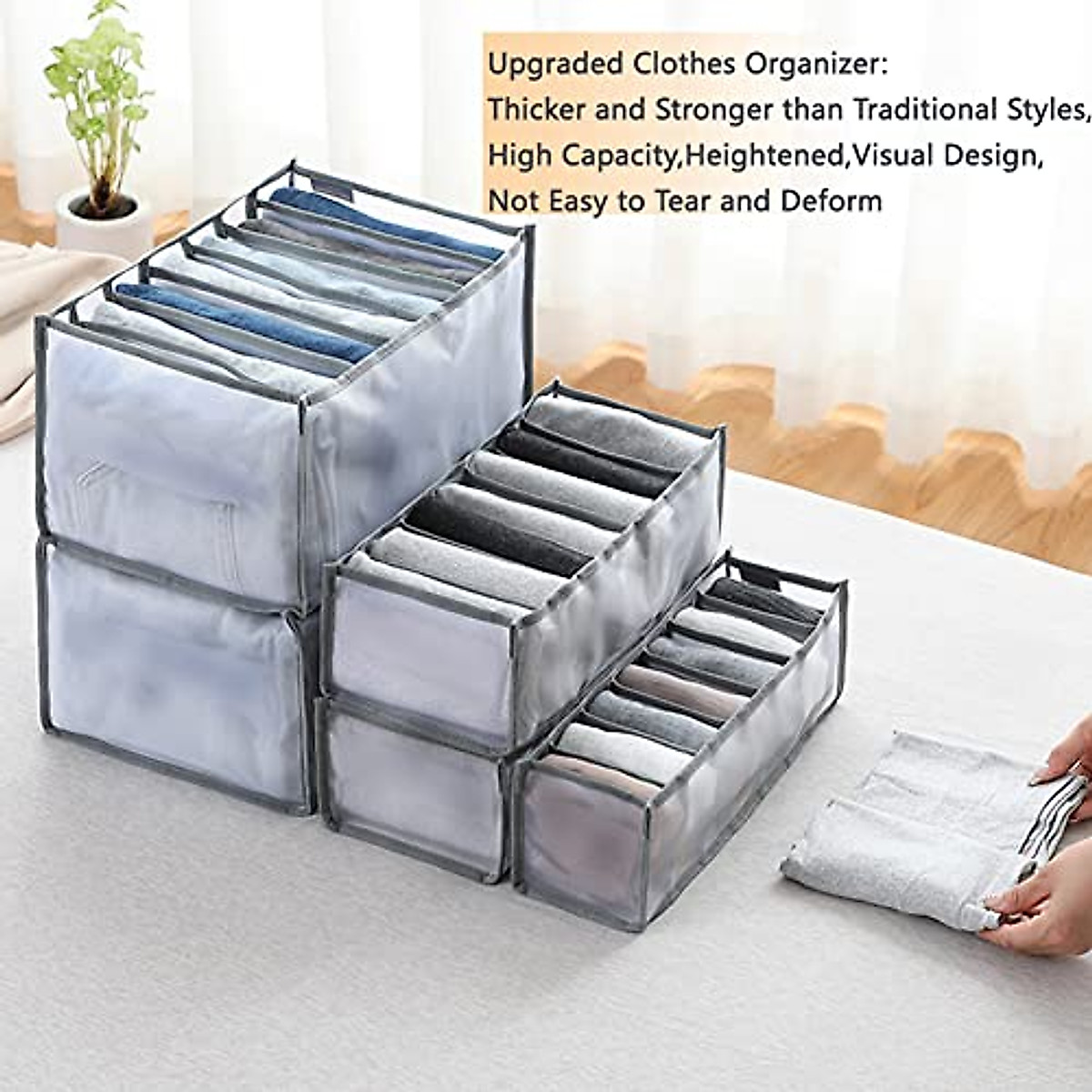 MUIRK Upgraded Wardrobe Clothes Organizer for Jeans,7PCS Jean Organizer,Jeans Compartment Storage,Mesh Clothes Storage Organizer for Bra (7PCS Upgraded:2Jeans+(Legging+Shirt+Panties+Sock+Bra)*1)