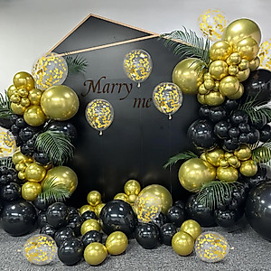 Black and Gold Balloons Kit, 12 Inches Metallic Gold Balloons Confetti Balloon and Black Balloons with Ribbon for Birthday Graduation New Year Decorations.50Pcs