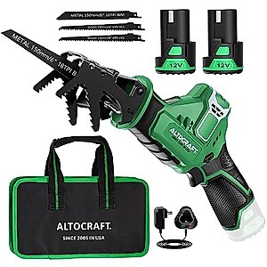 ALTOCRAFT 12V Cordless Reciprocating Saw with 2 Batteries,Portable Small Power Cutter w/Clamping Jaw,Variable Speed,Tool-Free Blade Change,3 Saw Blades for Wood/Metal/PVC Cutting