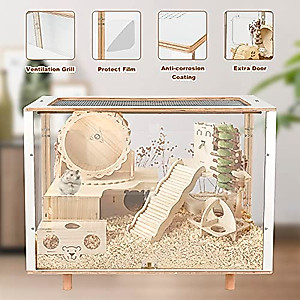 Cawuwe Wooden Hamster Cage Large for Small Animal Habitat for Rabbits Guinea Pigs Chinchillas Syrian Hamsters Home with Acrylic Transparent Board Oblique Opening Hamster Play House