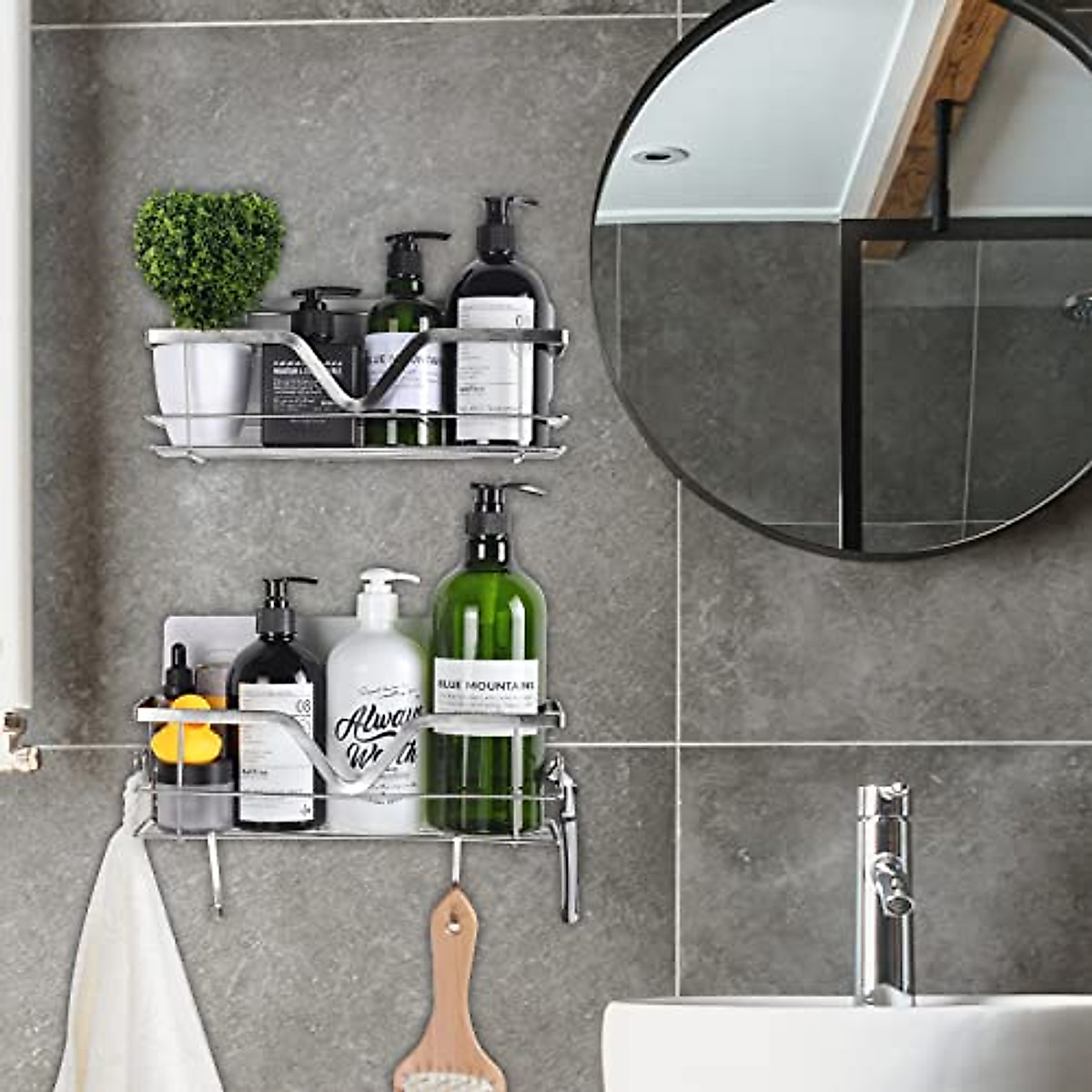 SIXDOVE Shower Caddies 2 PACK - No Drilling Adhesive Shower Organizer with Hooks, Rustproof SUS304 Stainless Steel Bathroom Shower Shelf, Shower Rack Large Shower Holder & Kitchen Storage (Silver)