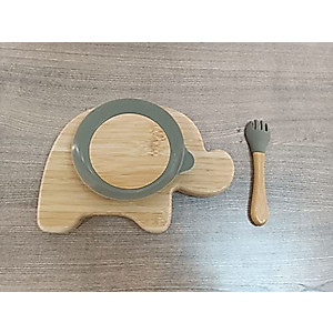 Bluejr Elephant-Shaped Bamboo Plate & Fork Set - Fun & Secure Dining for Toddlers, Babies - Silicone Suction, Three-Compartment Wooden Kids Plate, Eco-Friendly Animal-Shaped Dish Set