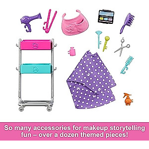 Barbie On-set Stylist Doll & 14 Accessories, Blonde Malibu Fashion Doll with Cart, Smock, Makeup Palette, Puppy & More