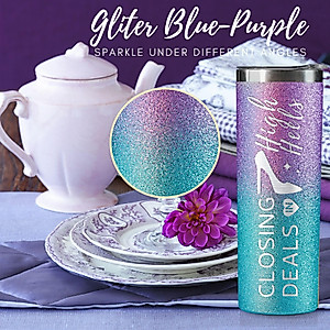 Onebttl Realtor Gifts for Women, Clossing Deals In High Heels, Funny Gifts for Real Estate Agent, Salesman, Boss, Coworkers, Employees, 20 Oz Stainless Steel Tumbler, Glitter Purple