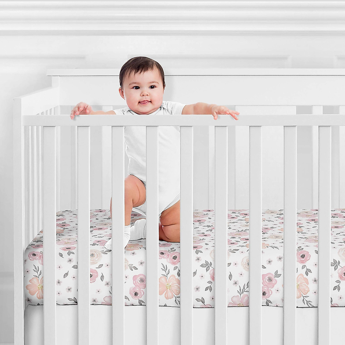 Sweet Jojo Designs Floral Girl Jersey Stretch Knit Baby Fitted Crib Sheet for Soft Toddler Bed Nursery - Blush Pink, Grey and White Boho Shabby Chic Rose Watercolor Flower