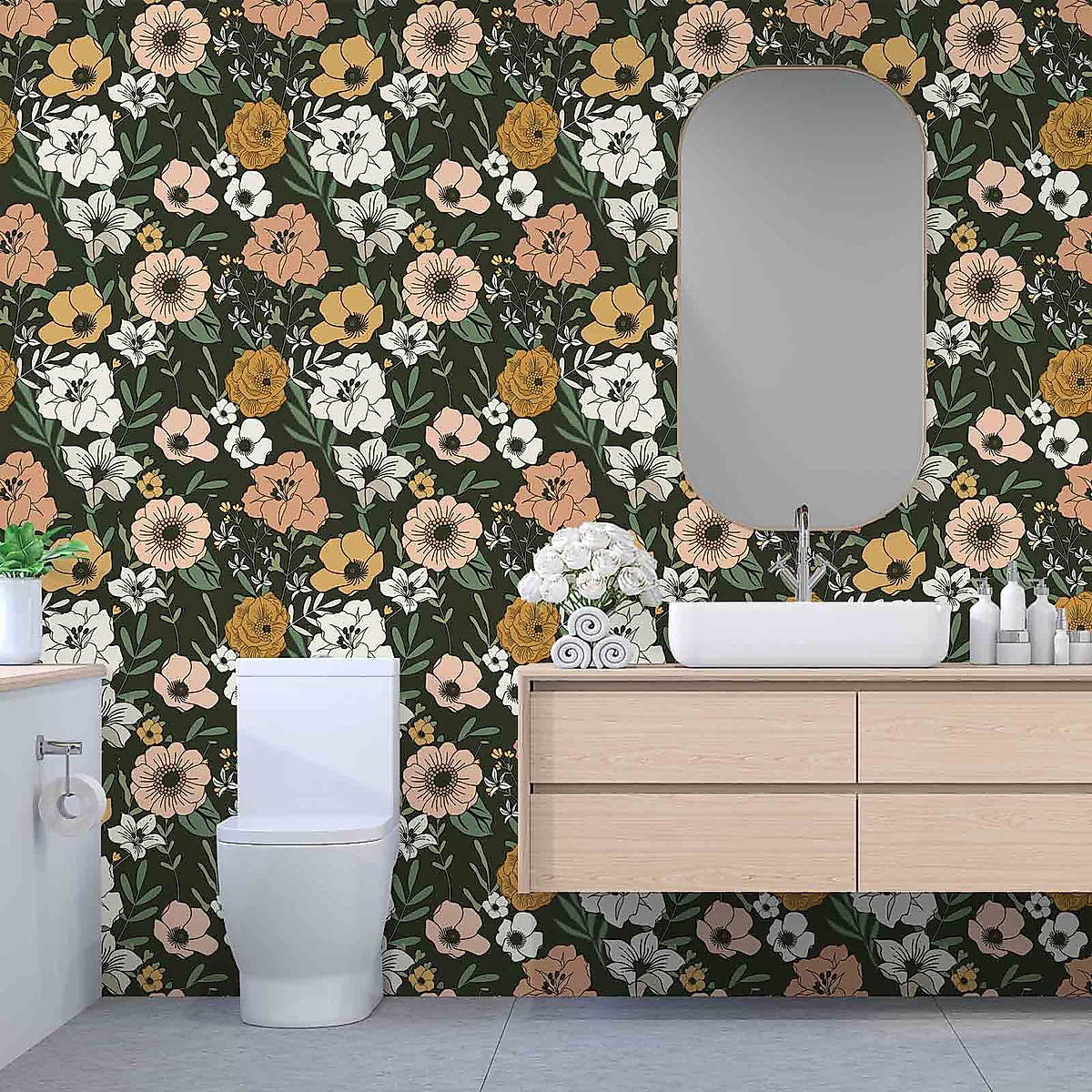 Abyssaly Vintage Large Floral Peel and Stick Wallpaper Boho, Retro Removable Flower Contact Paper for Bathroom, Dark/Sand/Green Vinyl Self Adhesive Wall Paper 17.7inchesx118inches