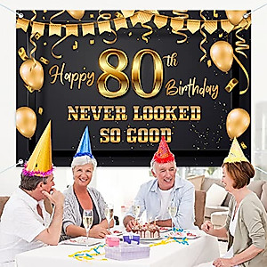 HAMIGAR 6x4ft 80 Never Looked So Good Banner Backdrop - Funny Happy 80th Birthday Decorations Party Supplies for Men Women - Black Gold