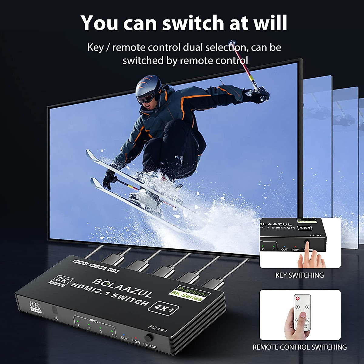 8K HDMI 2.1 Switch 120Hz 4K 4 in 1 Out, BolAAzuL 8K@60Hz HDMI 2.1 Splitter Switcher Selector Box 4-Port with Remote 4K 120Hz 2K 144Hz, HDMI 4x1 HDR, 48Gbps, CEC, Dolby Vision, for Xbox Series X PS5