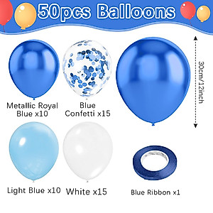 Blue and White Balloons Royal Blue Balloons 12inch 50pcs, Blue Confetti Balloon Blue and White Balloon Arch Kit Light Blue Baby Blue Ballons for Birthday Decorations Wedding Party Baby Shower