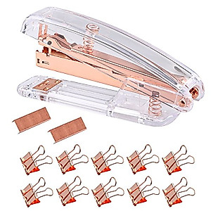 Unime Rose Gold Stapler Acrylic Desktop Stapler with 1000 PCS Rose Gold Staples and 10 Pieces Blinder Clips for Office School Home Accessory