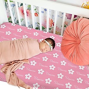 Noverbibi Personalized Crib Bedding Sheets with Baby Name and Icon , Design Your Baby Own Fitted Sheet, Custom Portable Crib Mattress Topper for Baby Boys Girls, Mini Crib Sheet | Name Crib Sheets