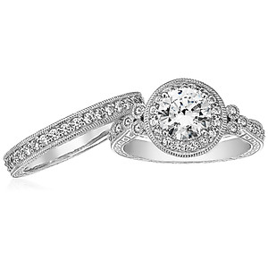 Amazon Essentials Platinum-Plated Sterling Silver Antique Rings set made with Infinite Elements Cubic Zirconia, Size 7, (previously Amazon Collection)