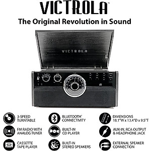Victrola Empire Mid-Century 6-in-1 Turntable with 3 Speed Record Player, Bluetooth Connectivity, Radio, Cassette and CD Player (Espresso)