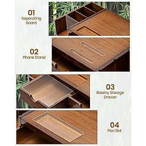 Crestlive Products Monitor Stand Riser, Bamboo Computer Desk Organizer with Adjustable Storage Drawers Laptop Cellphone TV Printer Stand, Antique Brown