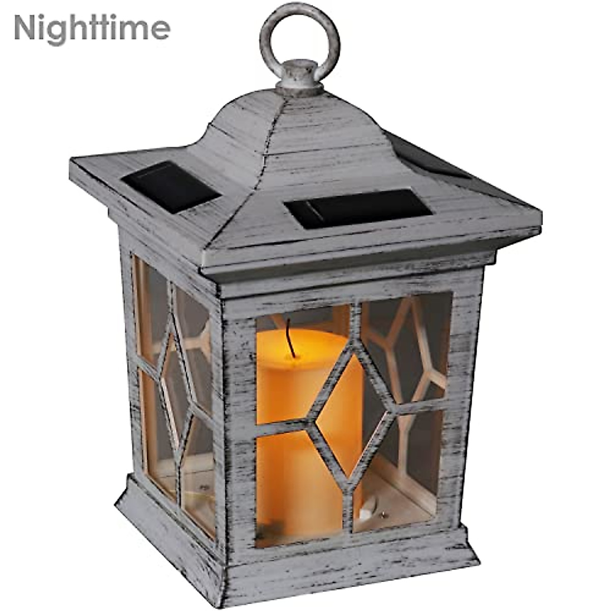 Sunnydaze Lucien Outdoor Solar LED Decorative Candle Lantern - Rustic Farmhouse Decor for Patio, Porch, Deck and Garden - Tabletop and Hanging Outside Light - Set of 2 - White - 9-Inch