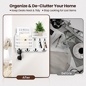 Nekon Mail Holder for Wall Mail Organizer with Key Hooks Hallway Farmhouse Decor Letter Sorter Made of Natural Wood with Floating Shelf and Flush Mount Hardware (16.8Inch x 10Inch x 3.2Inch)