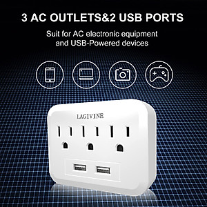 USB Wall Charger Surge Protector, 3 Outlet Extender with 2 USB Ports Outlet Adapter,Multi Plug Outlet Splitter for Travel, Home Office Accessories(White)
