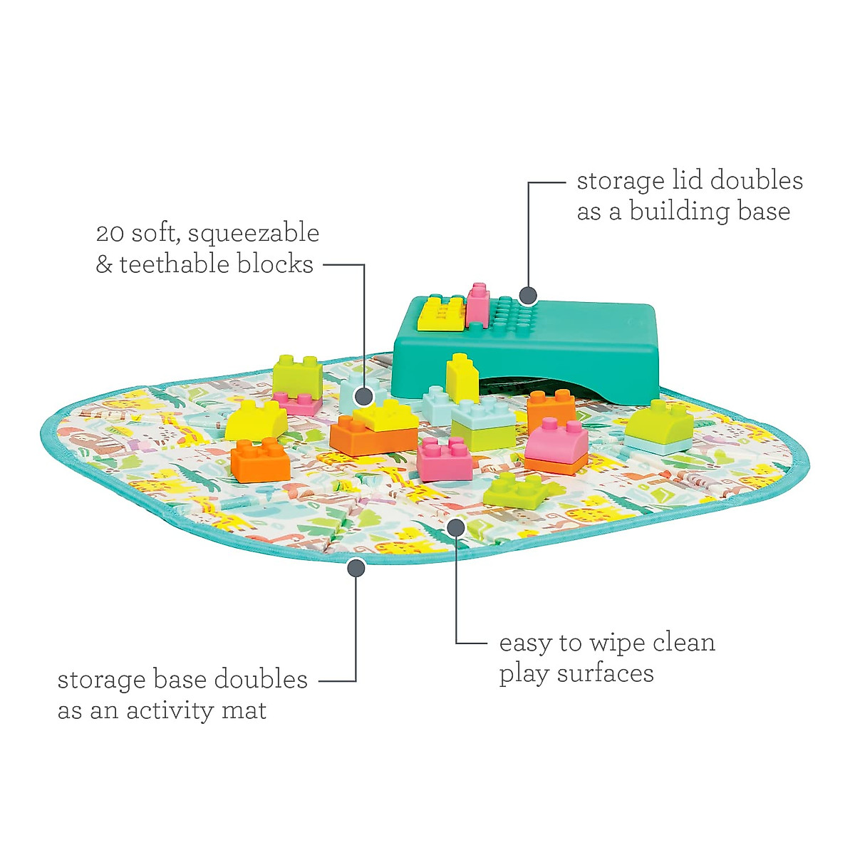 Infantino Super Soft 1st Building Blocks Activity Station, Easy-to-Hold for Babies & Toddlers, BPA-Free, Multi-Colored, 22-Piece Set with Storage Box and Mat