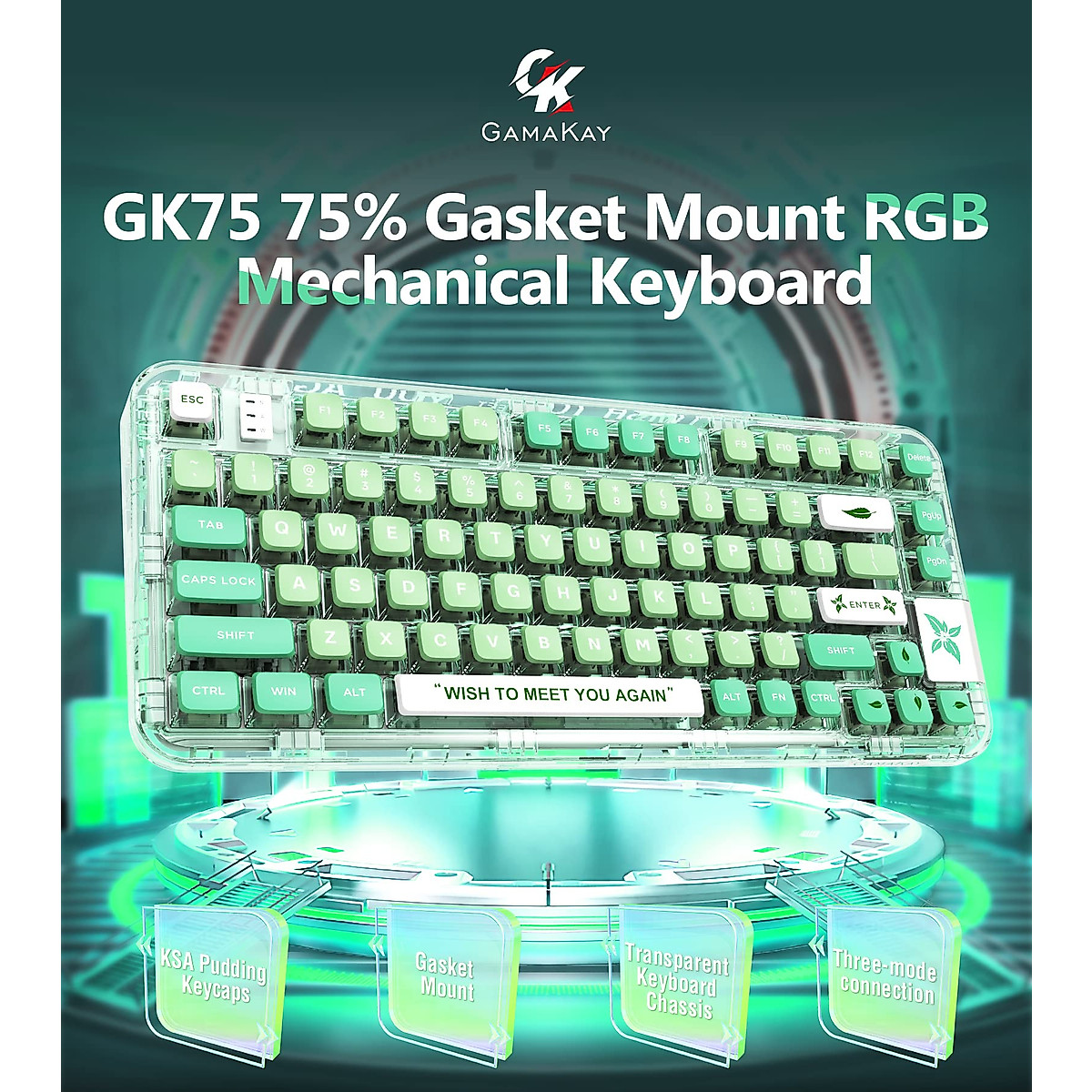 GK GAMAKAY GK75 75% RGB Transparent Gasket Mechanical Keyboard, Bluetooth/USB-C/2.4GHz 80 Keys Hot Swap Gateron Yellow Switch 2.0 KSA Profile PBT Keycaps Gaming Keyboard (Mint Green)