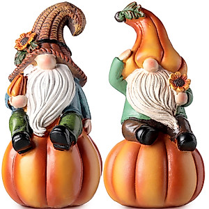 Jetec 2 Pcs Thanksgiving Pumpkin Gnome Figurines Fall Gnome Statue Resin Pumpkin Gnome Fall Tabletop Decoration for Fall Harvest Thanksgiving Indoor Outdoor Home Garden Yard Lawn Decor, 6.7 Inch