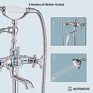 gotonovo Freestanding Bathtub Faucet Polished Chrome Floor Mount Tub Filler Double Cross Knobs Bathroom Mixing Tap with Handheld Shower Telephone Shape