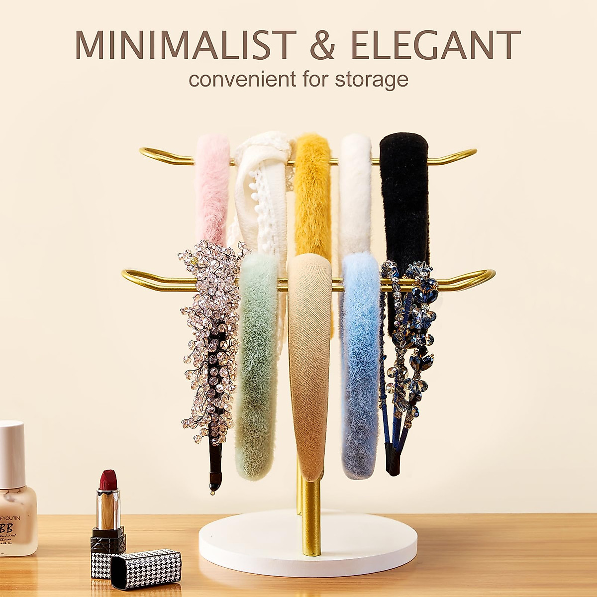 MoyRetty Headband Holder Organizer, 2-Tier Metal Hair Hoop Display Stand Headband Organizer Storage Hair Ropes Accessories Bracelets Bangles Bedroom College Dorm Decor for Girls Women, Gold