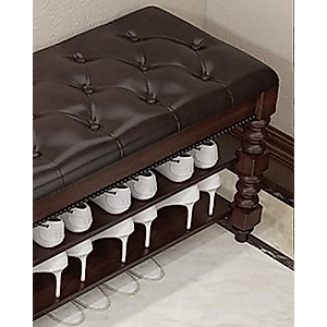 E EYOUPINO Storage Bench Vintage Solid Wood Shoe Bench 3 Tier Wooden Entryway Bench Shoe Rack with Leather Cushion Seating Brown (31.5’’)