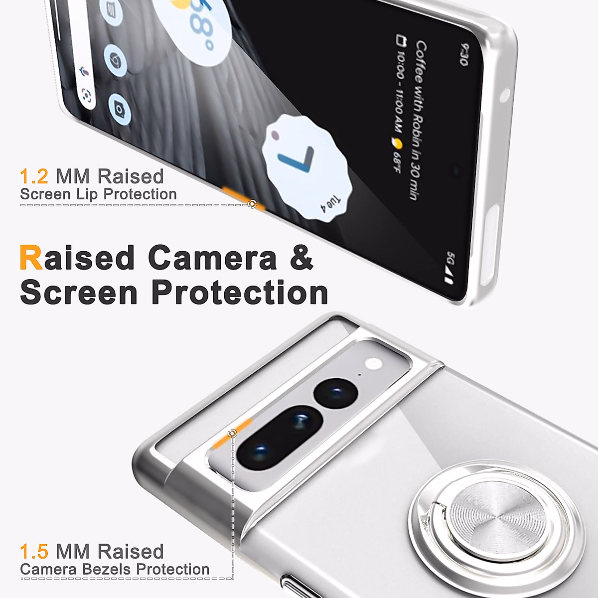 Tnarru Clear Compatible with Google Pixel 7 Pro Case with Magnetic Ring Holder Kickstand [Non-Yellowing] Transparent TPU Slim Thin Shockproof Protection Pixel 7 Pro Phone Case -Silver