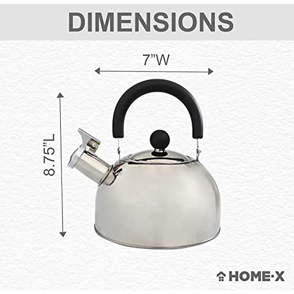 HOME-X Shiny Whistling Kettle, Stainless-Steel Stovetop Tea Kettle, Whistling Water Boiler, Large 2 Liter Capacity,8 ¾” L x 7" W x 8 ¼”, Polished Stainless-Steel