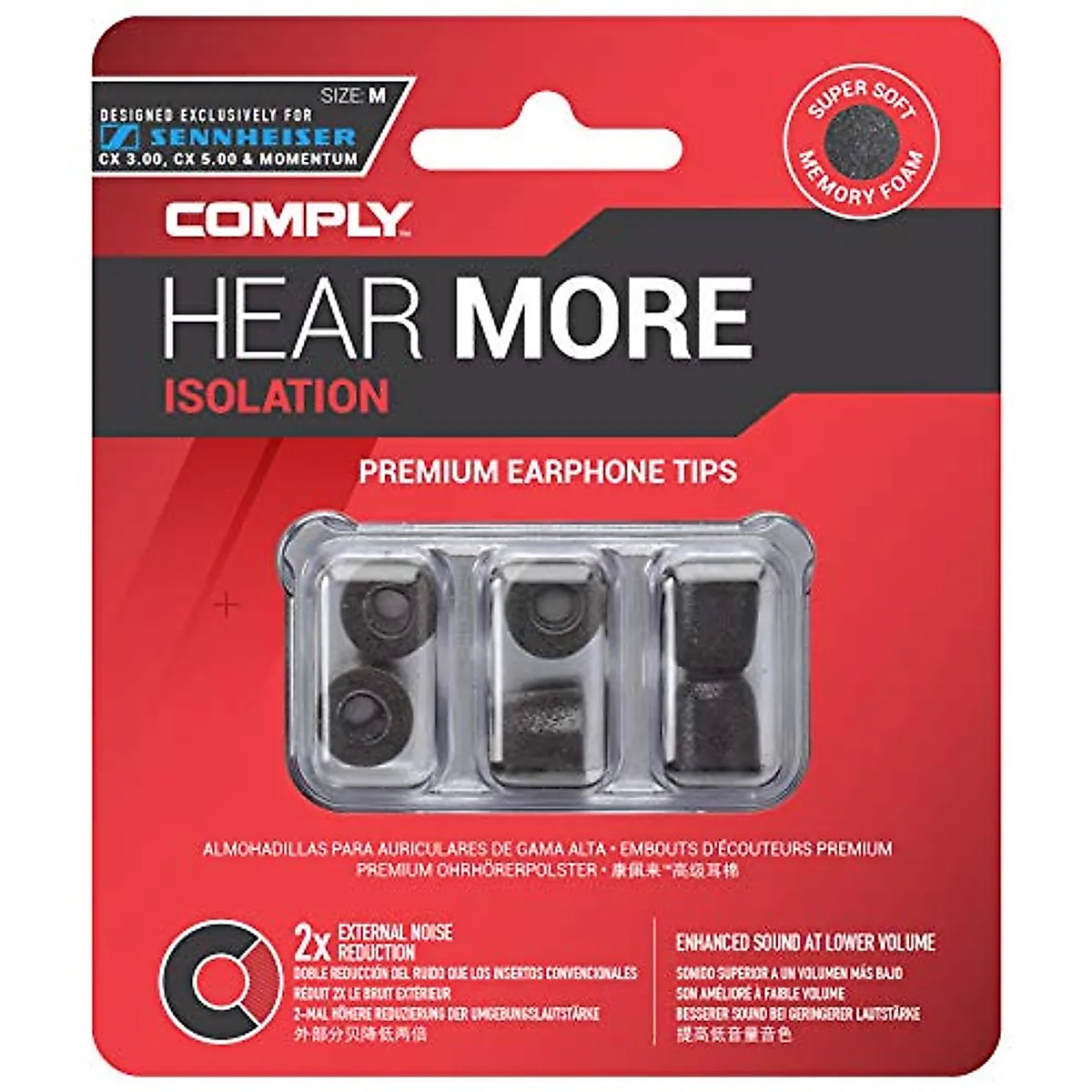 Comply Isolation Plus Memory Foam Earbuds Tips for Sennheiser Momentum/HD 1,IE 800 S,CX 3.00,5.00,6.00BT & 7.00BT with Noise Reduction, WaxGuard, and Secure Fit (Assorted, 3 Pair), Black (19-30204-11)