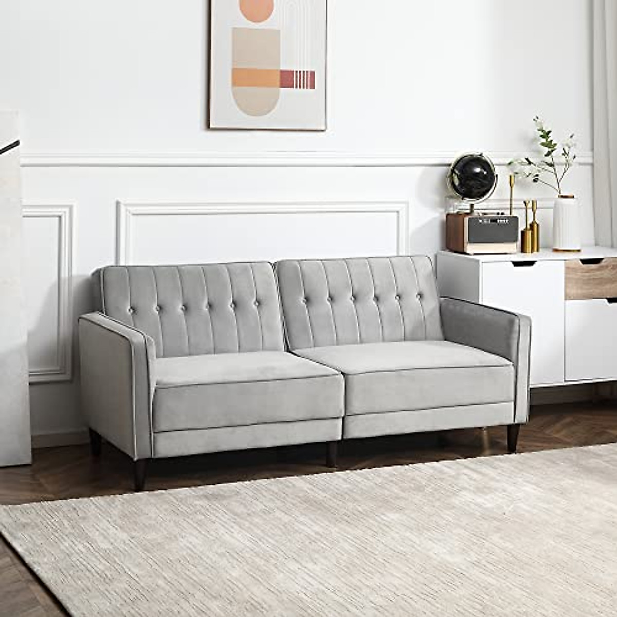 HOMCOM Convertible Sleeper Sofa, Futon Sofa Bed with Split Back Design Recline, Thick Padded Velvet-Touch Cushion Seating and Wood Legs, Light Grey