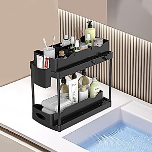 Under Sink Organizer, 2-Tier Under Sink Organizers and Storage with Double Sliding Storage Drawers, Under Sliding Cabinet Basket with Hooks, Hanging Cup, Dividers for Home, Bathroom, Kitchen