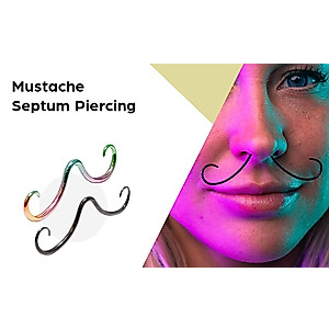 BodyJewelryOnline Black Septum Moustache Nose Ring [Curly Design], 316L Surgical Steel, 2¾” Length, Hypoallergenic, Lead/Nickel Free, Smooth Surface Rainbow removable O-rings