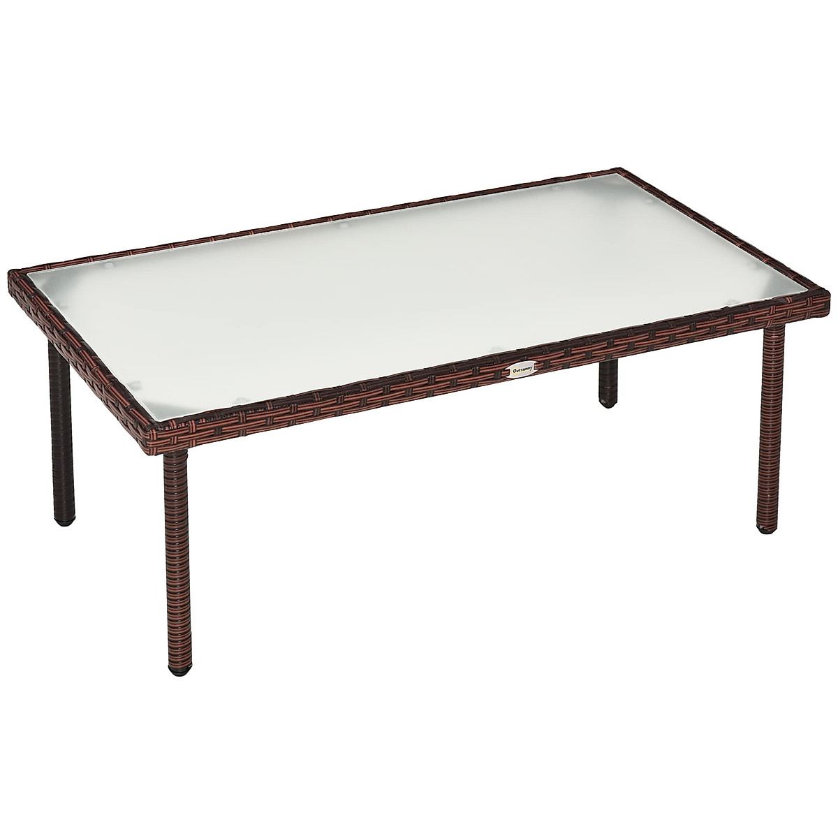 Outsunny Patio Wicker Dining Table, Outdoor Rattan Coffee Table with Glass Top for Garden, Patio, or Backyard, Deep Coffee