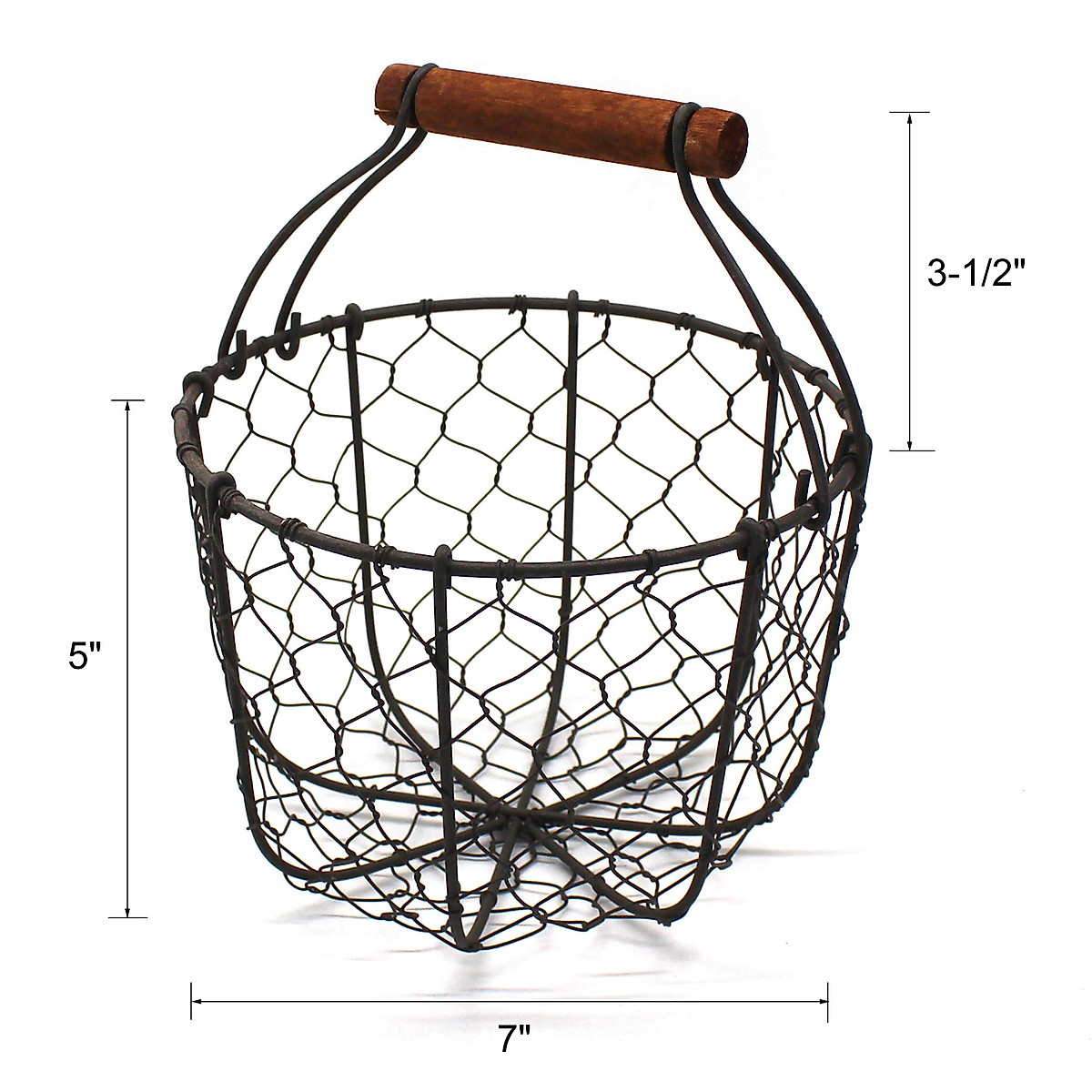 CVHOMEDECO. Round Chicken Wire Egg Basket Fruit Basket with Wooden Handle Primitives Vintage Gathering Basket. Rusty