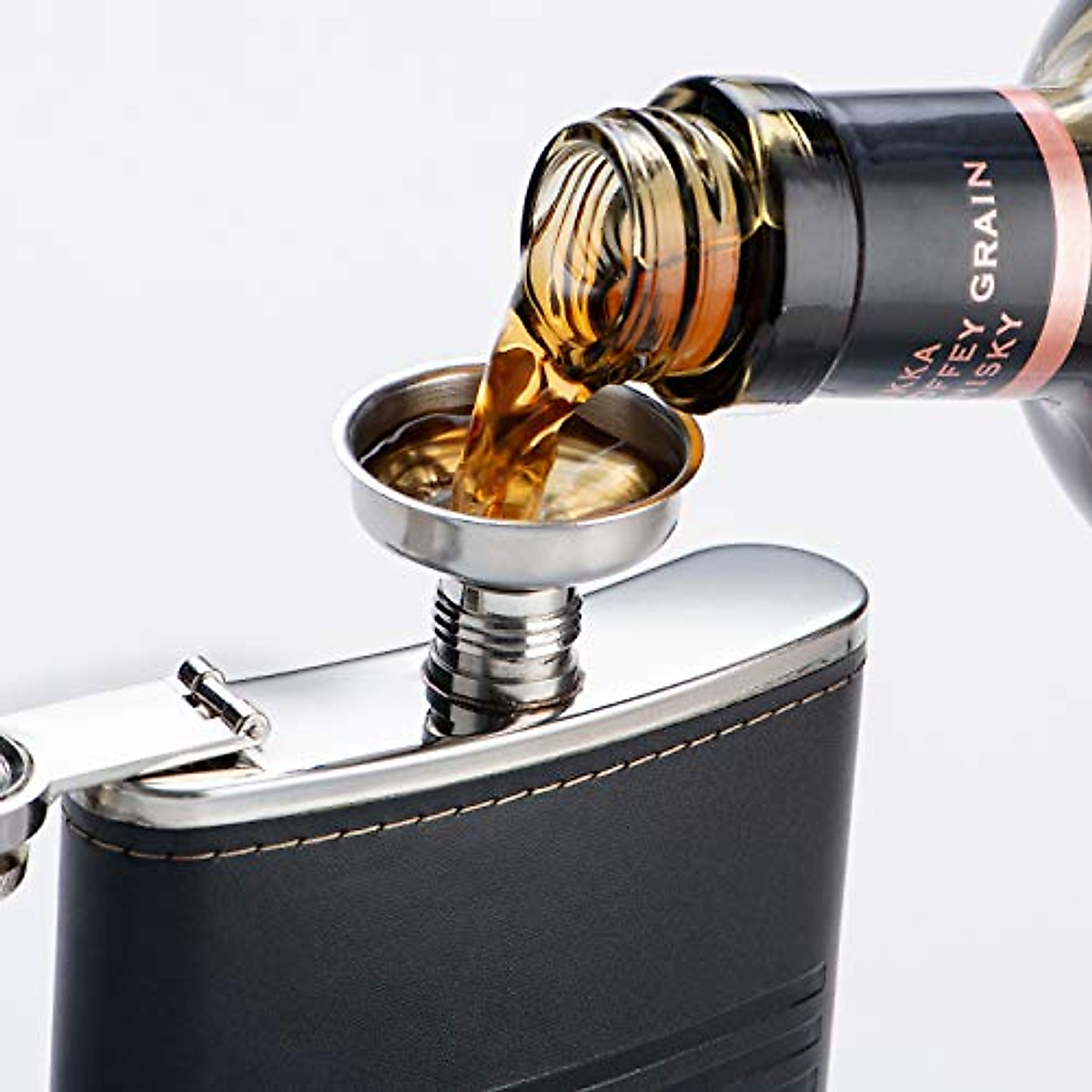 YFS Whiskey Flask With American Flag for Liquor and Funnel, 8 Oz Leak Proof Stainless Steel Pocket Hip Flask with Soft Touch Leather Cover, Black Flask for Men