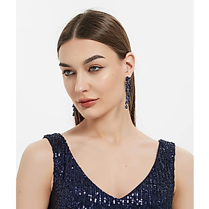 UDYLGOON Cubic Zirconia Bride Wedding Earrings Chandelier Long Dangle Earrings for Pageant Prom (Royal Blue)