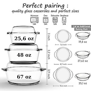 ums Glass Casserole with Lids - Set of 6 Pieces. Glass Casseroles Cookware with Glass Lid, Glass Casserole Dish Set, Borosilicate Glass Durable Bakeware Set, Glass Bowls Dish Oven & Microwave Safe